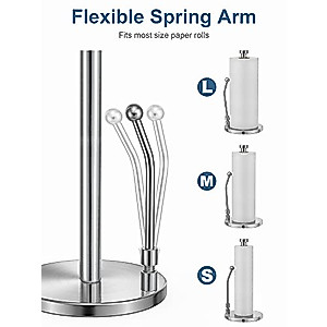 SMARTAKE Paper Towel Holder for One Hand Tear, Paper Towel Dispenser Standing Weighted Base Non Slip, Spring Arm Fit Most Size Paper Roll, Stainless Steel Paper Towel for Kitchen Countertop Silver