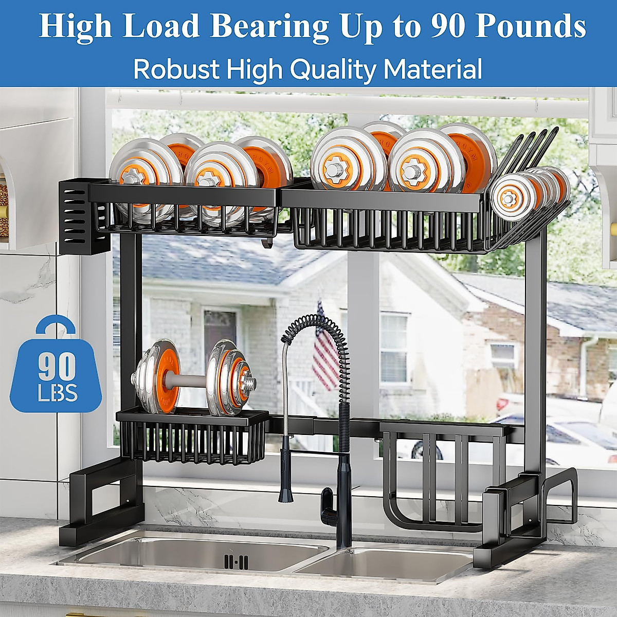 Dish Drying Rack, Over The Sink Dish Drying Rack Length Adjustable (From 33.8" to 41.5"), 2 Tier Large Dish Rack with Cup Holder Utensil Holder Caddy, Kitchen Counter Dish Drainer Organizer, Black