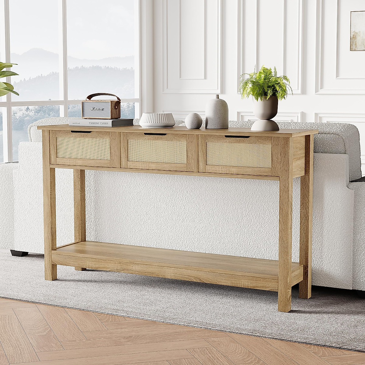 Luoxiao Rattan Console Table Boho Entryway Table - Narrow Long Sofa Table, Hallway Foyer Table, Behind Couch Table with 3 Drawers and Open Storage Shelf for Living Room and Corridor,Wood