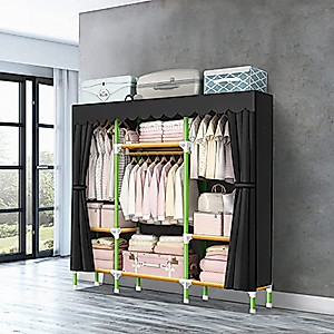 YOUUD Portable Closet 57 Inch Wardrobe Closet Clothes Organizer with 3 Storage Shelves and 3 Hanging Rods, Cloth Closet of Colored Rods Black Cover Quick and Easy to Assemble,Strong and Durable