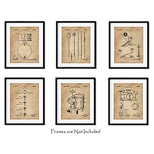 Drummer Gifts for Men - Music Wall Decor - Set of 6 (8x10) Unframed Drum Patent Wall Art Prints - Music Room Studio Decorations - Percussionists Teachers Musicians