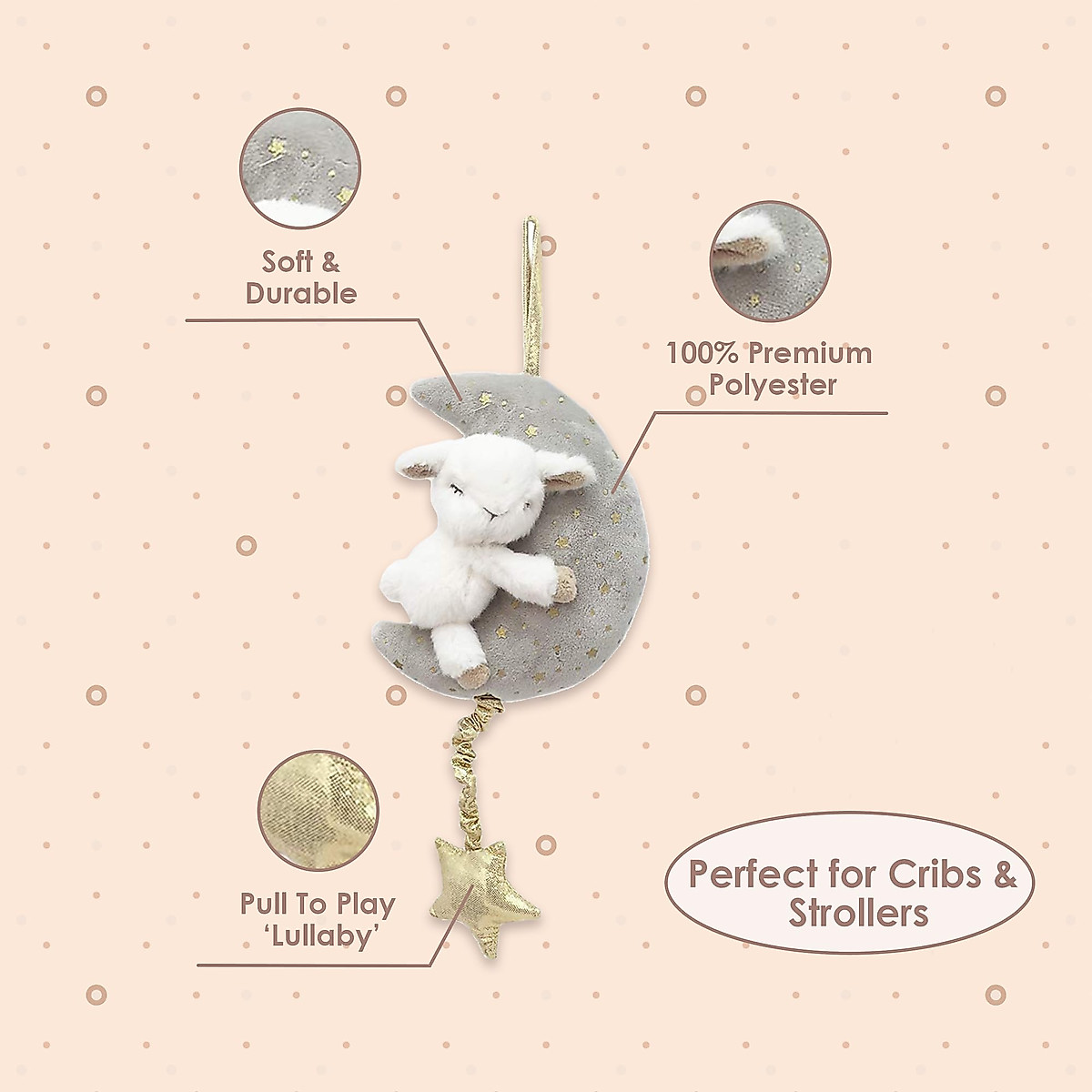 MON AMI Lamb and Moon Soft Plush Musical Toy – 12”, Nursery Mobile, Infant Toys, Soft Hanging Plush Stroller Toy, Musical Mobile for Cribs