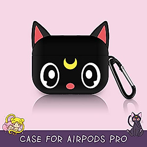Black Sailor Moon Airpods Pro Case, 3D Cute Cartoon Character Protective Soft Silicone Apple Airpods Pro Cover with Keychain, Kawaii Anime Animal Skin Accessories Gift for Girls Kids Teens(Luna Cat)