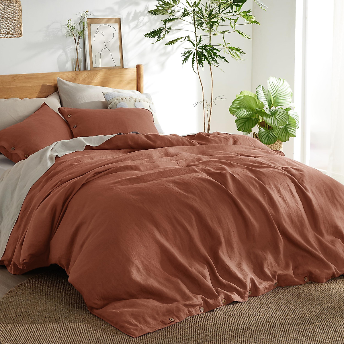 Bedsure Linen Duvet Cover King - Linen Cotton Blend Bedding Set, Soft & Cozy, 3 Pieces, 1 Duvet Cover 104x90 Inches and 2 Pillowcases, Burnt Orange Color Cooling Bedding, Comforter Sold Separately