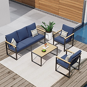 Temminkii Outdoor 4 Pieces Furniture Sets Modern Aluminum Patio Conversation Sets Sectional Sofa w Blue Cushion Faux Wood Grain Frame Coffee Table for Garden Courtyard Poolside