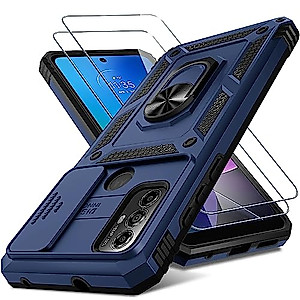 Motorola Moto G Play 2023 Case,Moto G Power 2022/Moto G Pure Case Built in Slide Camera Lens Cover+Screen Protector+Finger Ring Holder Kickstand,Heavy Duty Shockproof Full Body Phone Cover,Blue