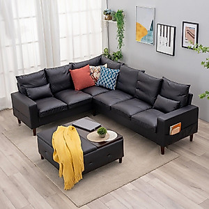 Panana 6 Seats Fuax Leather Large SECTIONAL Corner Sofa Settee - Sofa for Living Room-Left/Right-Hand Side Sofas, Black