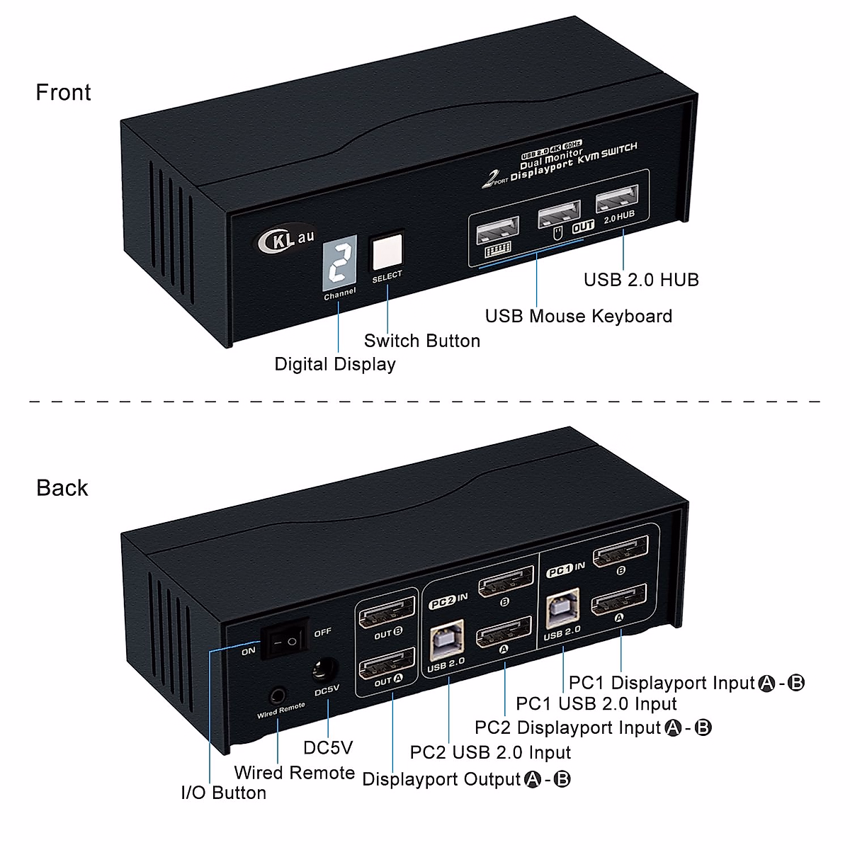 2 Port Displayport KVM Switch Dual Monitor 4K@60Hz 2K@144Hz with Cables, USB 2.0 Hub, Digital Display for 2 Computers 2 Monitors Sharing Keyboard Mouse Video