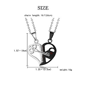 Stainless Steel His and Her Heart Lock Key Matching Puzzle Couples Pendant Necklace for Lovers Valentine's Day Engagement Gift, Metal, Cubic Zirconia