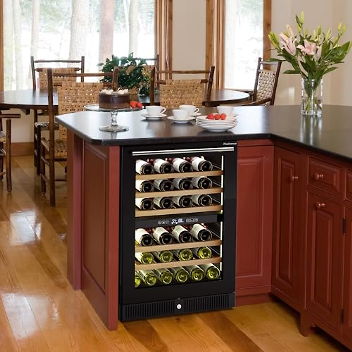 Frostronics 24 Inch Dual Zone Wine Refrigerator, 51 Bottles Under Counter Built-In or Freestanding Wine Cellar, Wine Cooler with Quiet Compressor Cooling and Reversible Glass Door, Fits Large Bottle