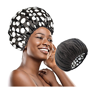 Aunllke Terry Cloth Lined Shower Cap for Women Large Double Layer Shower Cap with Microfiber Dry Hair Function Resuable Waterproof Breathable Bath Cap Black&White Dots Design