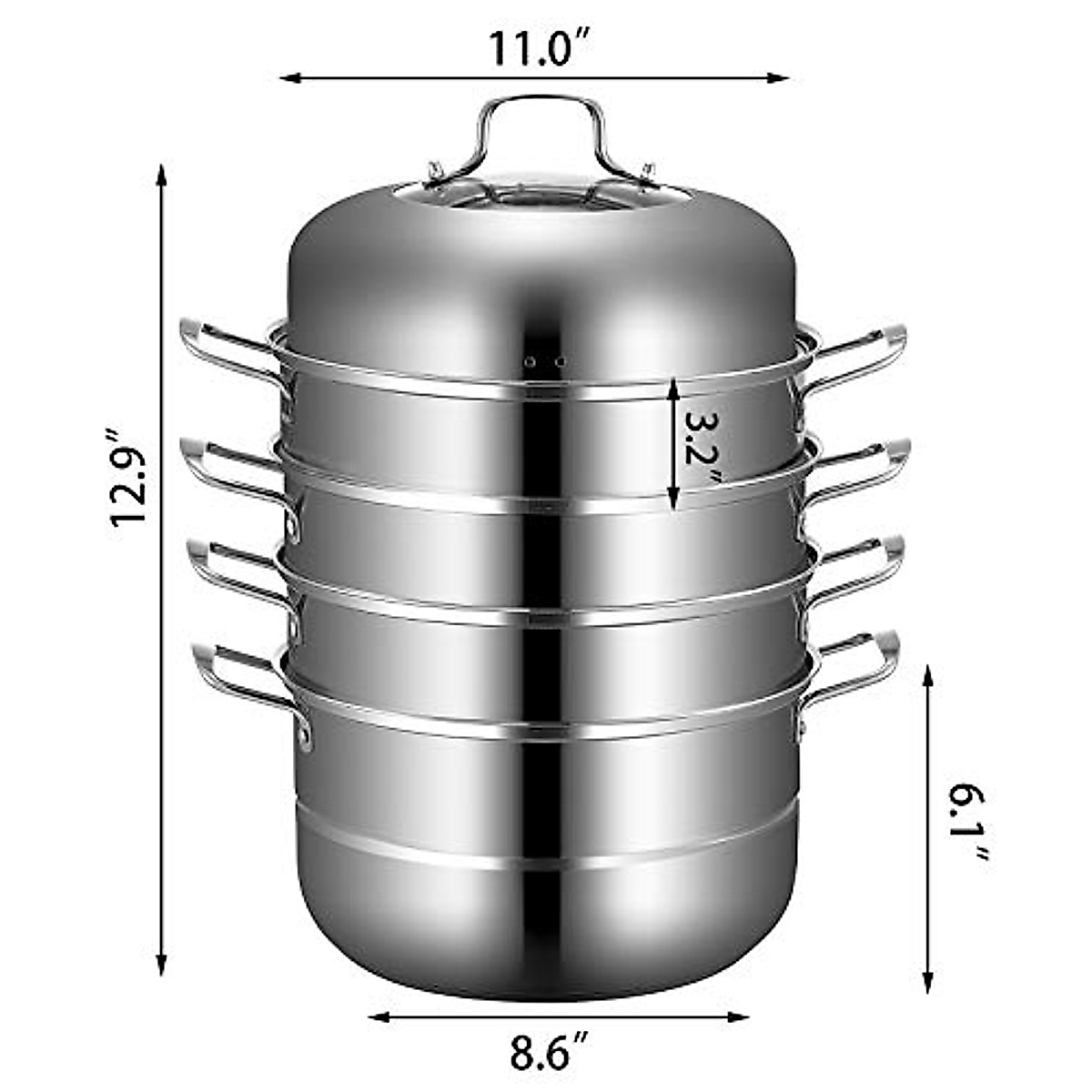 VEVOR 5-Tier Stainless Steel Food Steamer, 11'' Steaming Cookware Saucepot Transparent Tempered Glass Lid, Work with Gas, Electric, Induction Oven, Grill Stove Top, Dishwasher Safe