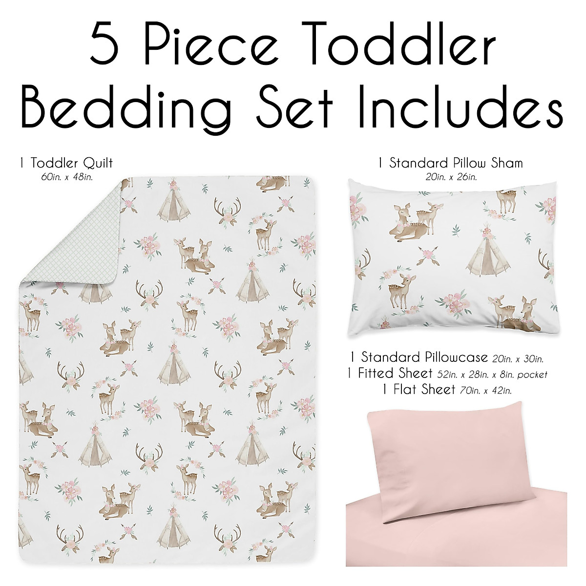 Sweet Jojo Designs Blush Pink, Mint Green and White Boho Watercolor Woodland Deer Floral Girl Toddler Kid Childrens Bedding Set - 5 Pieces Comforter, Sham and Sheets