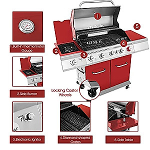 Royal Gourmet GA5403R Premier 5 BBQ Propane Gas Grill with Rotisserie Kit, Sear, Rear Side Burner, Patio Picnic Backyard Cabinet Style Outdoor Party Cooking, Red
