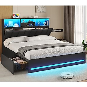 VIAGDO Queen Bed Frame with Bookcase Headboard, Wood Bed Frame Queen Size with Charging Station, 4 Storage Drawers and LED Lights, Upholstered Bed with Type-C and USB, No Box Spring Needed, Black
