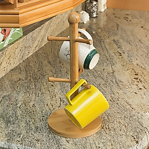 Home Basics Bamboo Mug Tree, Holds Up to 6 Coffee Cups, Free Standing, Circular Base, Kitchen Countertop, Beige (1)