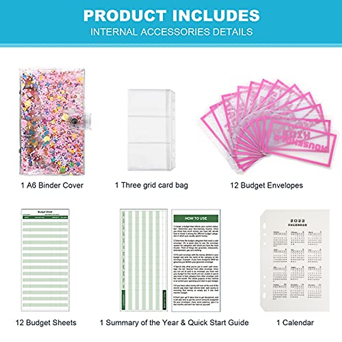A6 Glitter Budget Binder with 12 Printed Budget Envelopes & Expense Budget Sheets Calendar, Pocket Budget Planner Organizer, Money Organizer for Cash, Cash Envelopes for Budgeting and Saving Money