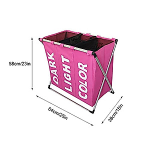 Large Collapsible Laundry Hamper Sorter with 3 Sections, Waterproof Laundry Basket with Aluminum X-Frame & Mesh Bundle Pocket for Bathroom Bedroom Home Storage (Pink)