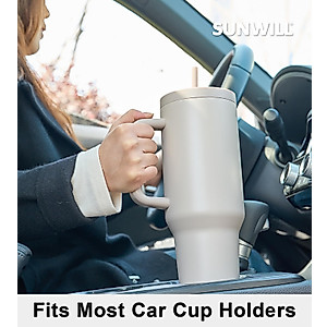 SUNWILL Travel Coffee Tumbler with Lid and Straw, 40 oz Tumbler with Handle, Tumbler Cups, Insulated Reusable Stainless Steel Coffee Mug for Office and Home, Cupholder Friendly, Almond