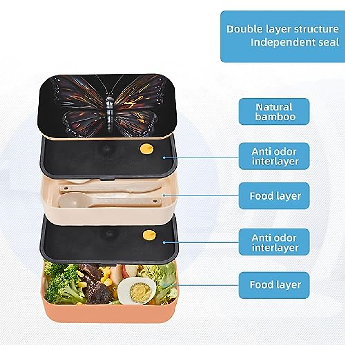Mystery Butterfly Adult Lunch Box, Bento Box, With Cutlery Set Of 3, 2 Compartments, Rectangular, Lunch Box For Adults