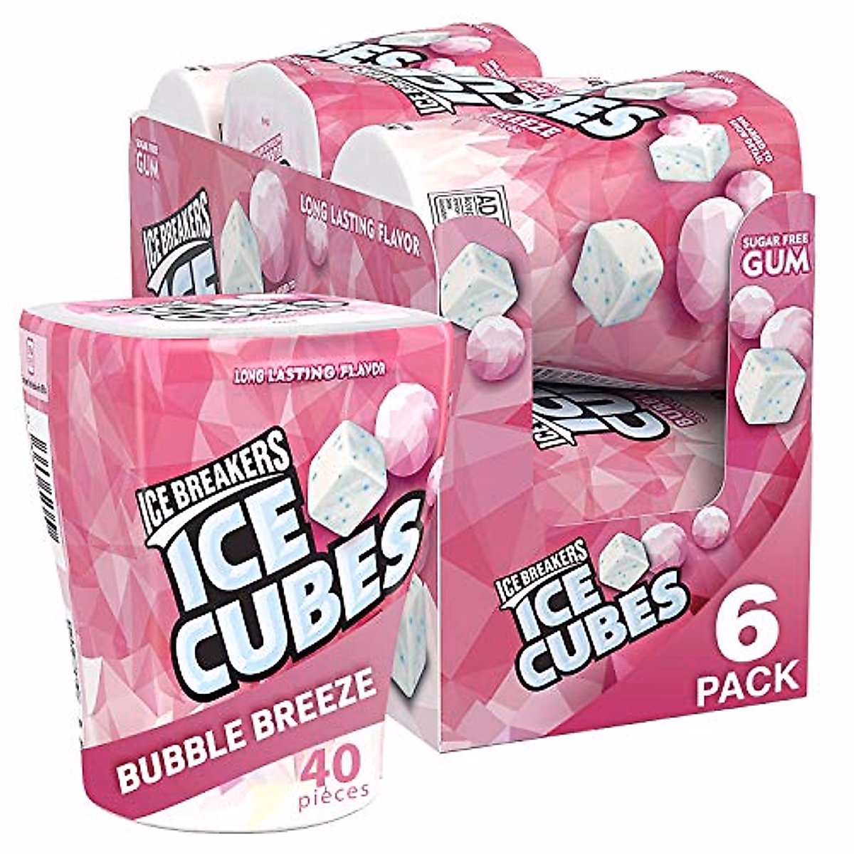 ICE BREAKERS Ice Cubes Bubble Breeze Sugar Free Chewing Gum Bottles, 3.24 oz (6 Count, 40 Pieces)