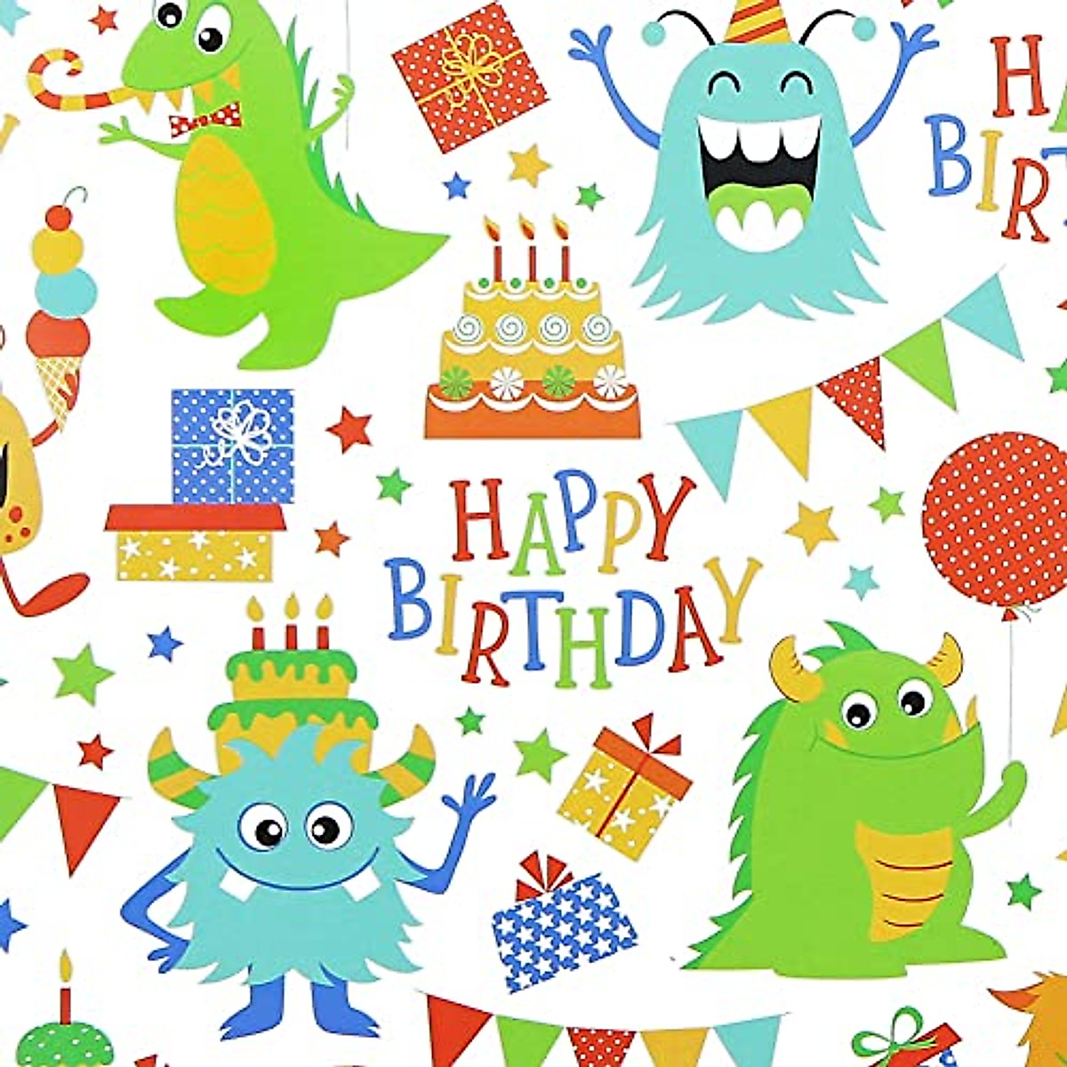 Happy Birthday Little Monsters Wrapping Paper Set of 4 Sheets Folded Flat 20x28 inches Per Sheet For Boys Kids Girls Men Women, Colorful Gift Wrap Paper For all Birthday Party Baby Shower Kindergarten Celebrating Occasions