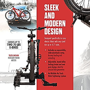 Hollywood Racks Destination E Hitch Bike Rack with Ramp for 2 Bikes up to 70 lbs Each - Secure, Lockable Electric Bike Rack - Premium, Foldable Bicycle Car Racks for Standard or E-Bikes