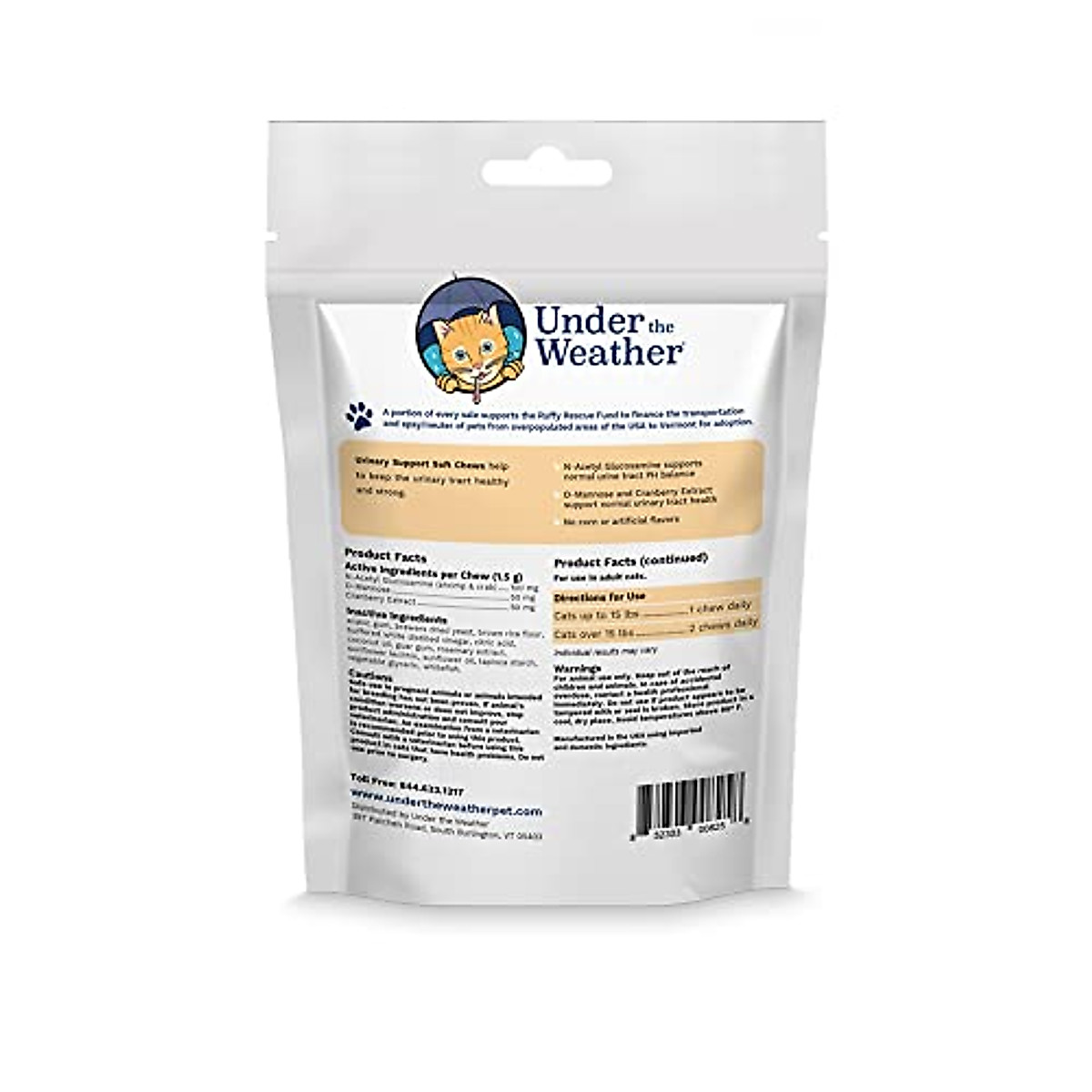 Under the Weather Pet Urinary Tract Support Soft Chews for Cats, 60 Bite Size Soft Chew Cat Supplements | Promotes Normal Ph Balance & Healthy Urinary Function for Cats