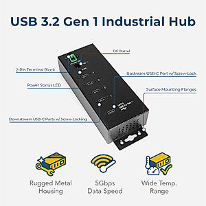 4-Port USB-C 3.2 Hub w/ 15KV ESD Surge Protection DIN Rail Mount