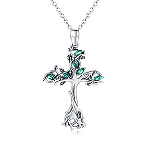 Aututer Celtic Cross Necklace Charm Sterling Silver Tree of Life Crucifix Pendant Family Tree of Life Cross Necklace for Women Emerald Celtic Cross Necklace Family