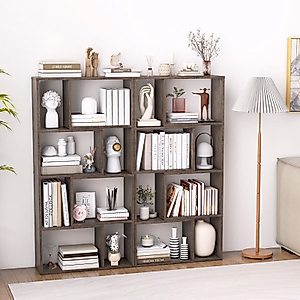 Tangkula 5 Tier Geometric Bookshelf, 48”H Freestanding 8-Cube Open Bookcase, Wooden Storage Display Shelf, 2 Anti-Toppling Devices, 8 Cubes Home Office Decor Room Divider for Living Room (1, Gray)