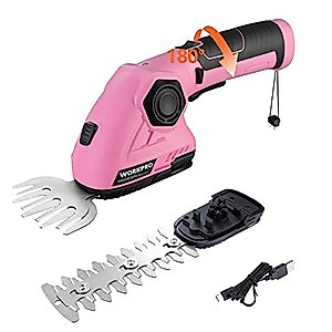 WORKPRO Pink Cordless Grass Shear & Shrubbery Trimmer - 2 in 1 Handheld Hedge Trimmer 7.2V Electric Grass Trimmer Hedge Shears/Grass Cutter 2.0Ah Rechargeable Lithium-Ion Battery - Pink Ribbon