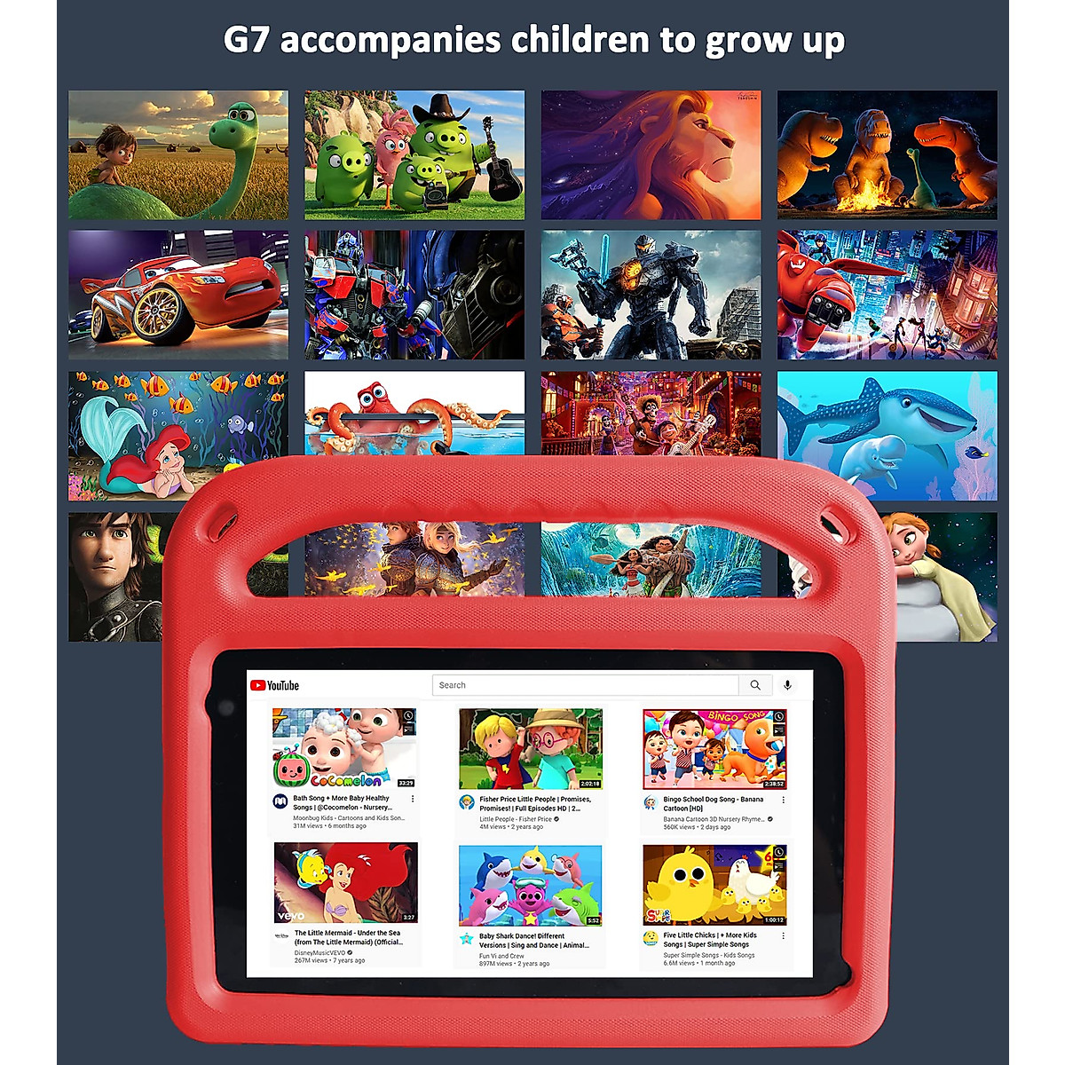 2024 Kids Tablet for Kids Android Tablet 7 inch 128GB Extended Memory, Google Play Installed Parental Control Mode Puzzle Game IPS HD Display, Toddler Tablet with Shock-Proof Case, Red