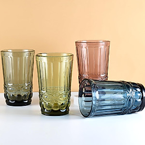 Wongblee Colored Drinking Glasses 10.8 Oz, Vintage Embossed Multicolored Glassware, Romantic Tumblers Glass for Water, Juice, Beverages, Pack of 4