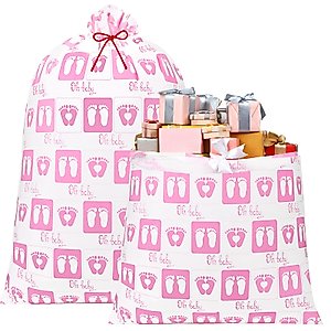 Leinuosen 2 Pcs Extra Large Gift Bags for Baby Shower Oversized Plastic Gaint Gift Bag with Ropes for Birthday Party Favors(Pink Feet)
