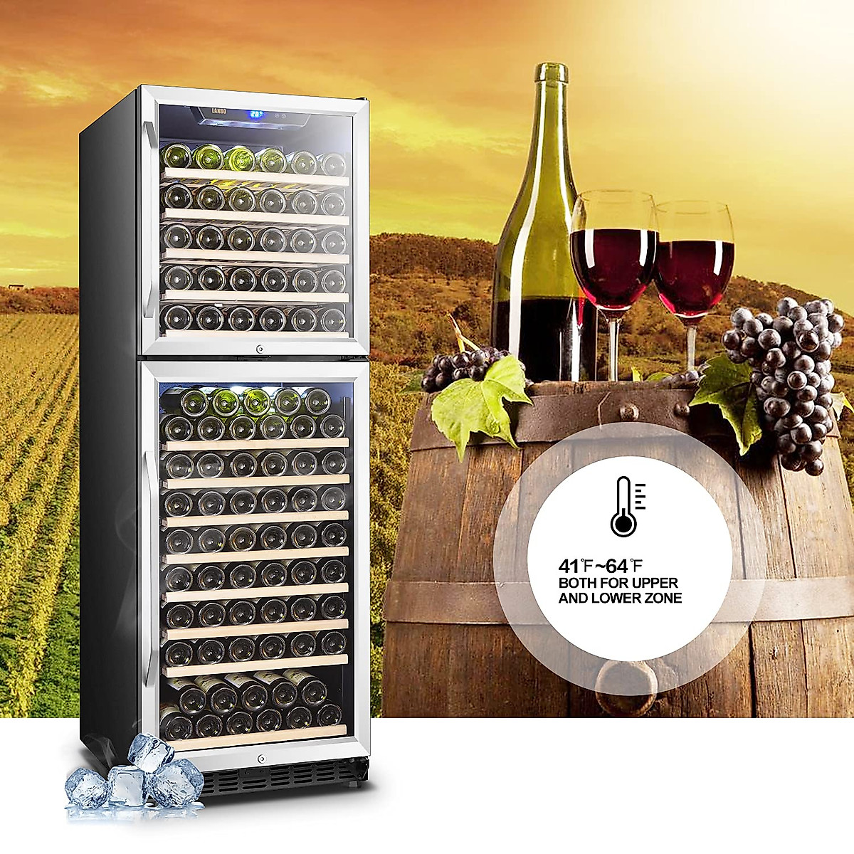 Lanbo Dual Door Dual Zone Built-in Wine Cooler with Front Exhaust, 162 Bottle