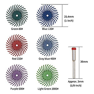 𝗥𝗮𝗱𝗶𝗮𝗹 𝗕𝗿𝗶𝘀𝘁𝗹𝗲 𝗗𝗶𝘀𝗰, GOXAWEE 66Pcs (1") Detail Abrasive Brush Kit (1/8" Shank Mandrel) for Rotary Tool - Mixed Grit 80# 120# 220# 400# 600# 1000#