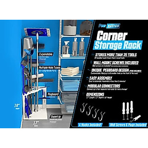 PeerBasics Corner Storage Rack, Home Tool Storage Organization, Up to 35 Tools like Mops Brooms Towels Dust Pan Squeegee, House Closet Garage Garden Yard Plus Pegboard