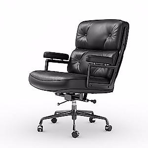 Office Chair- Aluminum Arms Thickened Backrest Lumbar Support, Executive Desk Chair, Genuine Grain Leather Thick Padded Strong Aluminum Base Quiet Wheels, Ergonomic Mid Back Leather Computer Chair