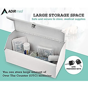 AdirMed Medicine Lock Box for Medication Lock Box with Key - Wall Mounted Locking First Aid Medicine Cabinet, Secured Prescription Storage for Peace of Mind Around Kids at Home, School (Steel White)