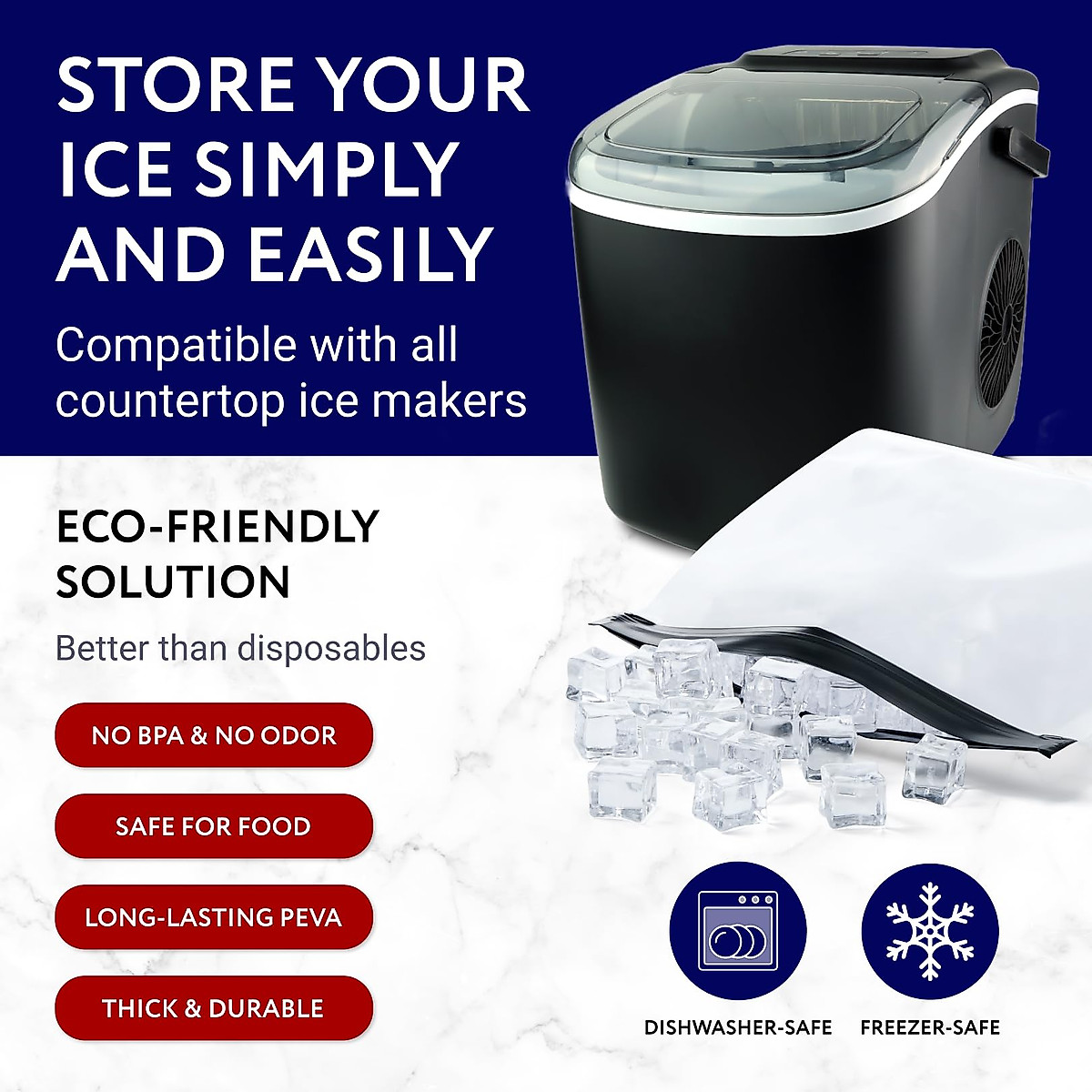 [3 Pack] Reusable Ice Bag Set with Secure Zip Close Design - Durable Ice Bags for Ice Machine Models & Fridges - 10”x9”x3” Ice Storage Bags - Leak Proof Ice Bags Reusable Design - 9lb Total Capacity