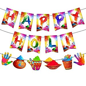 Holi Decorations Banner, No-DIY Glitter Happy Holi Banner and Happy Holi Decorations Garland, Colorful Holi Banner for Holi Festival Decorations, Holi Party Supplies Holi Decorations Outdoor Indoor