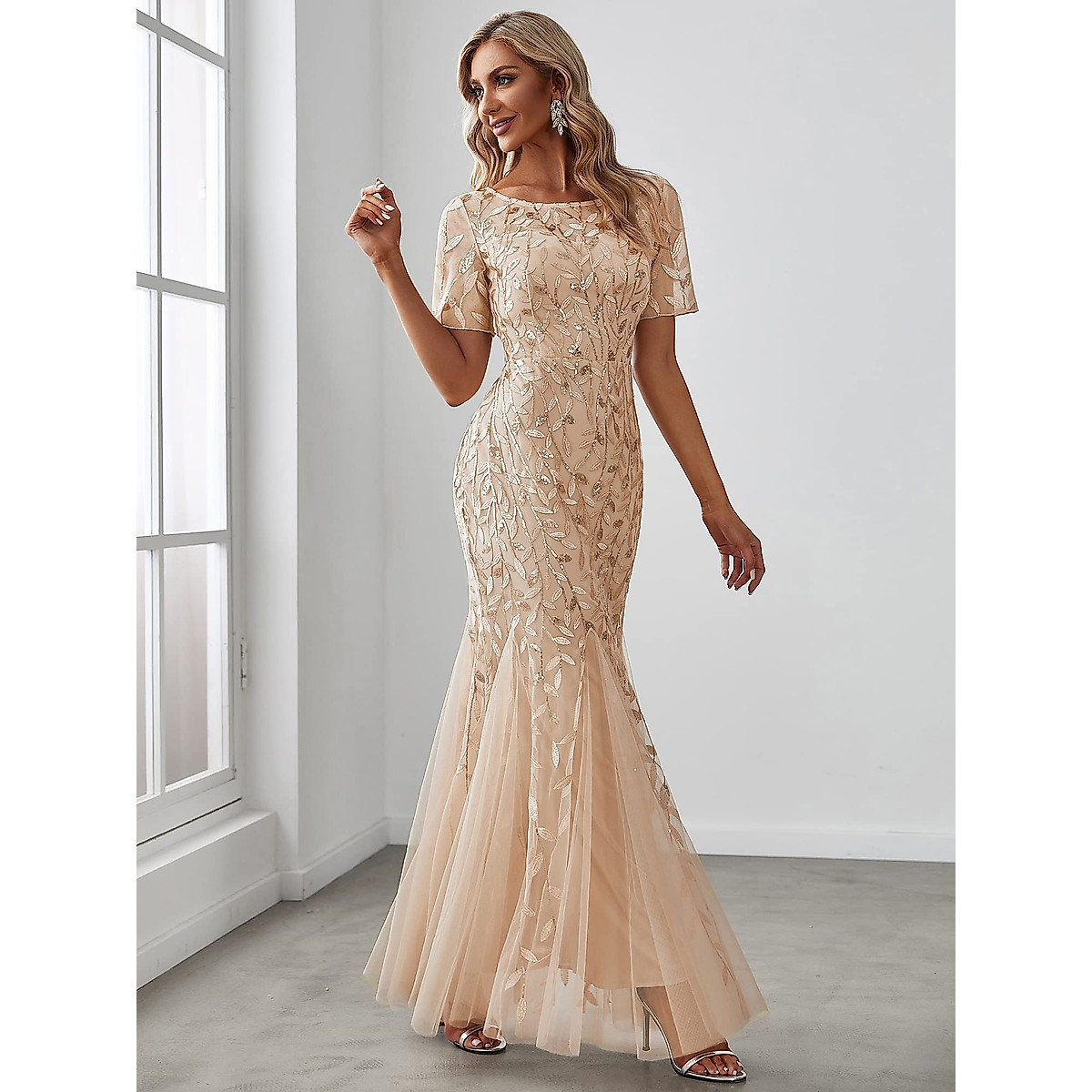 Ever-Pretty Women's Sexy Tulle Short Sleeve Sequins Summer Mermaid Prom DressGold US12