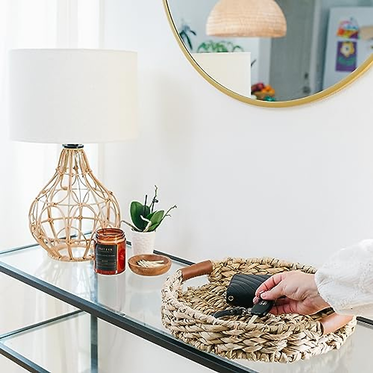 Summit Living Handwoven Round Rattan Tray with Leather Handles – Use as Home Decor or Vegetable and Fruit Organizer Tray – Water Hyacinth Circular Wicker Tray (14" x 14")