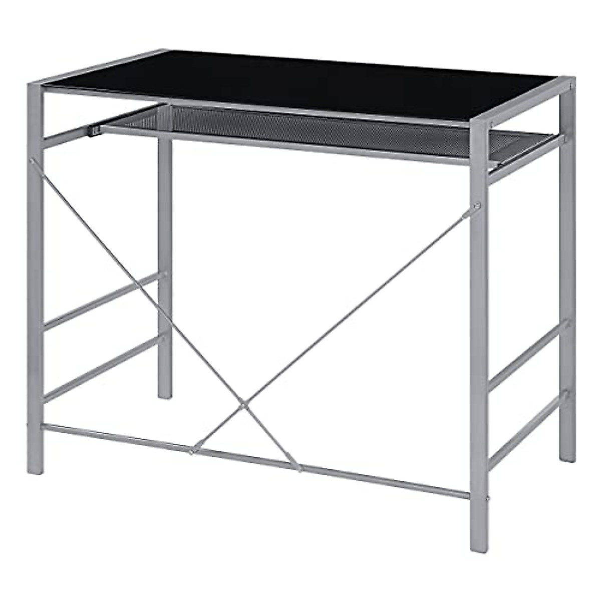 OSP Home Furnishings Zephyr Computer Desk with Keyboard Shelf and Tempered Glass Top, Black Glass and Silver Frame