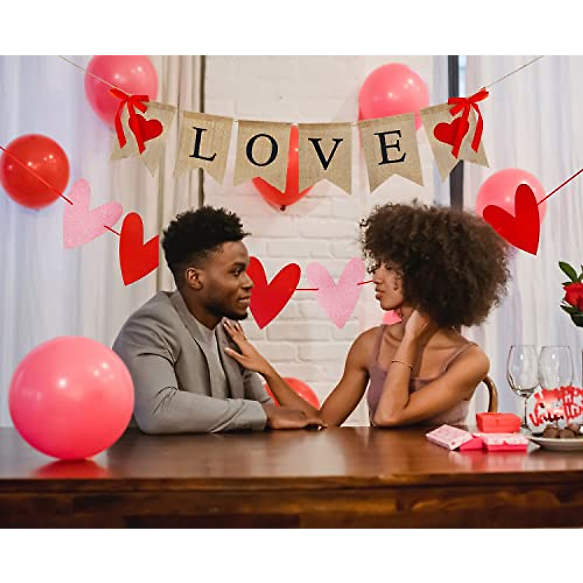 Valentines Day Decor, Love Burlap Banner Valentines Decorations Hanging Heart Garland Rustic Valentine Décor for Home Red Glittery Heart Banner Decor for Mantle Fireplace Wall