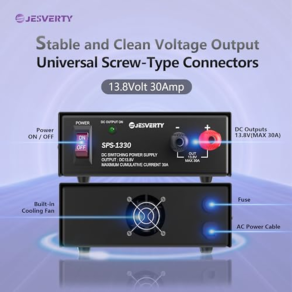Jesverty Universal Compact Bench Power Supply - 30 Amp Regulated Home Lab Benchtop AC-to-DC Converter for CB/HAM/Amateur Radio with 13.8V Fixed OutputScrew-Type Terminals, Cooling Fan - SPS-1330
