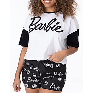 Barbie Womens Pyjama Set | Ladies White Cropped T-Shirt & Black Elasticated Shorts Complete PJs | Fashion Doll Sleepwear