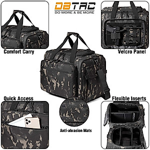 DBTAC Gun Range Bag Large | Tactical 4+ Pistol Shooting Range Duffle Bag for Handguns and Ammo with 2X Removable Hook & Loop Divider for DSLR | US Flag Patch + Universal Holster Included (Black Camo)