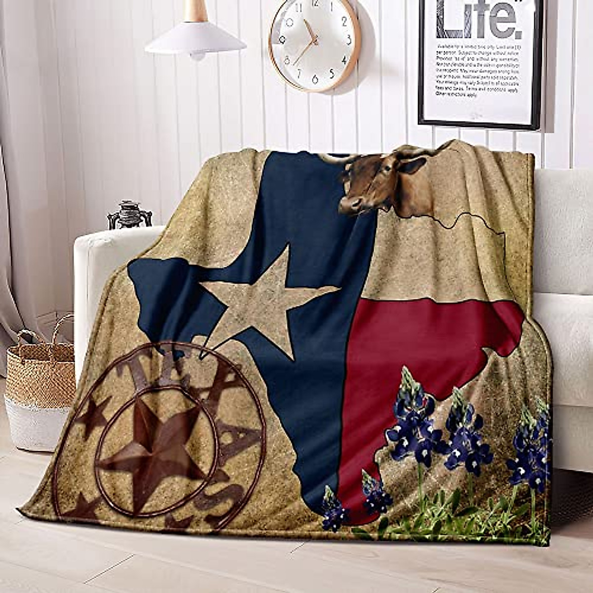 LUVIVIHOME Western Throw Blanket, Texas Flag Cattle Bull Bluebonnet Ranch Wild West Rodeo Cowboy Blanket, Cozy Soft Lightweight Fluffy Fuzzy Warm Plush Flannel Fleece Blanket for Couch, Sofa, 40"x50"